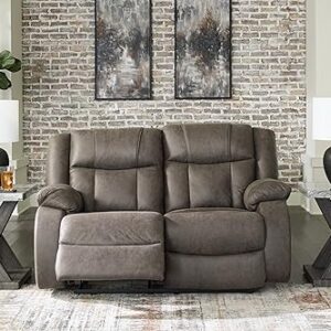 Signature Design by Ashley First Base Contemporary Faux Leather Manual Reclining Loveseat, Gray