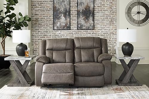 Signature Design by Ashley First Base Contemporary Faux Leather Manual Reclining Loveseat, Gray