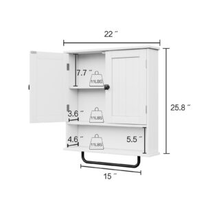 RRX Bathroom Cabinet Wall Mounted Medicine Cabinets with Towels Bar, Over The Toilet Storage Cabinet with 2 Doors and Adjustable Shelf, White Wall Cabinet for Bathroom Laundry Kitchen