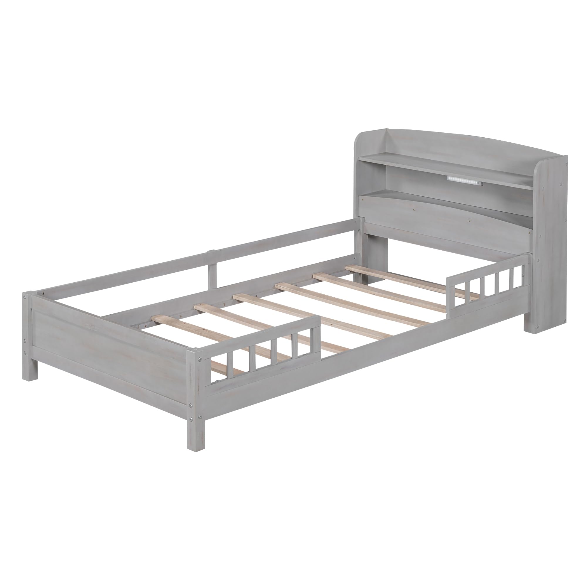 NCKMYB Low Twin Bed Frame for Kids, Wood Platform Bed with 2 Tier Headboard, Build-in LED Light, Suitable for Boy Girl, Antique Grey