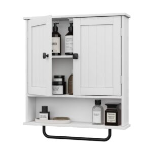 rrx bathroom cabinet wall mounted medicine cabinets with towels bar, over the toilet storage cabinet with 2 doors and adjustable shelf, white wall cabinet for bathroom laundry kitchen