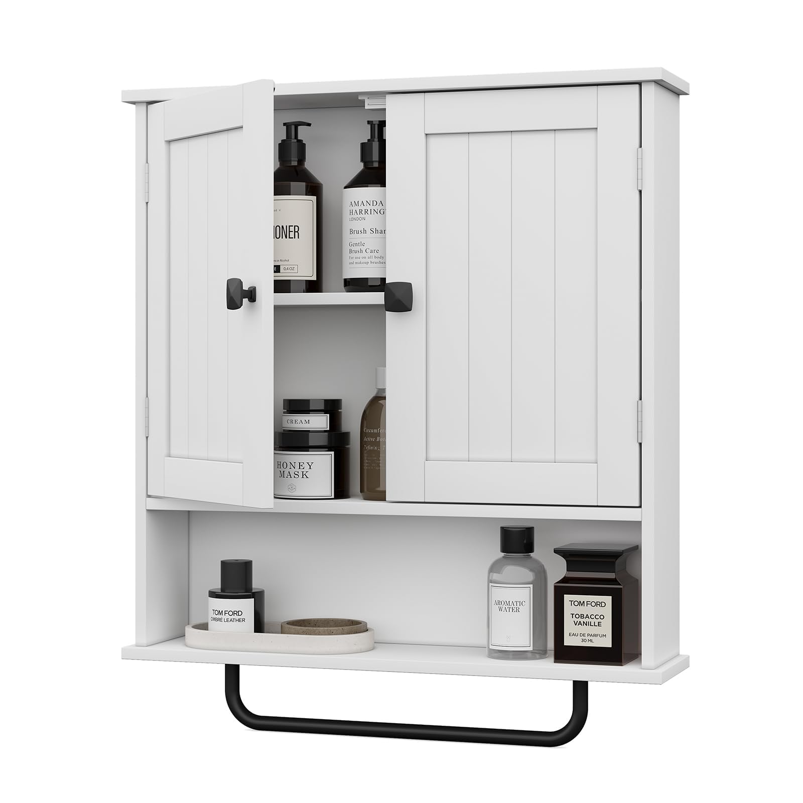 RRX Bathroom Cabinet Wall Mounted Medicine Cabinets with Towels Bar, Over The Toilet Storage Cabinet with 2 Doors and Adjustable Shelf, White Wall Cabinet for Bathroom Laundry Kitchen