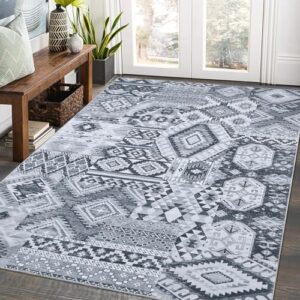 caremee machine washable area rug 3x5 tribal entryway mat vintage distressed rug indoor low pile thin rug cozy non slip foldable area rug for living room bedroom dining room grey