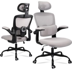 ergonomic office chair mesh desk chair lumbar and back support computer chair with adjustable headrest pillow 360 swivel casters and flip-up armrests for home office (gray)