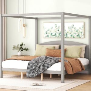 King Size Canopy Bed Frame with Headboard and Support Legs, King Canopy Bed King Size Canopy Bed Frame, Solid Wood King Bed Frame, 4-Post Canopy Bed Frame, No Box Spring Needed, Grey Wash