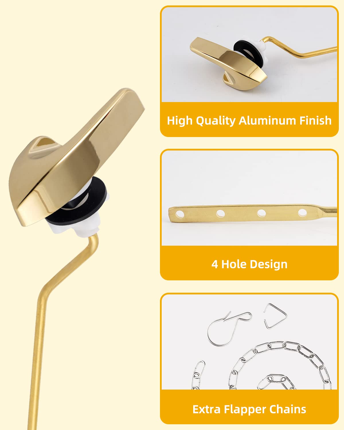 iFealClear Polished Gold Universal Toilet Tank Flush Lever Handle, Brass Side/Angle Mount Toilet Handle Compatible with Kohler K-GP30324-CP, Stainless Steel Flapper Chain