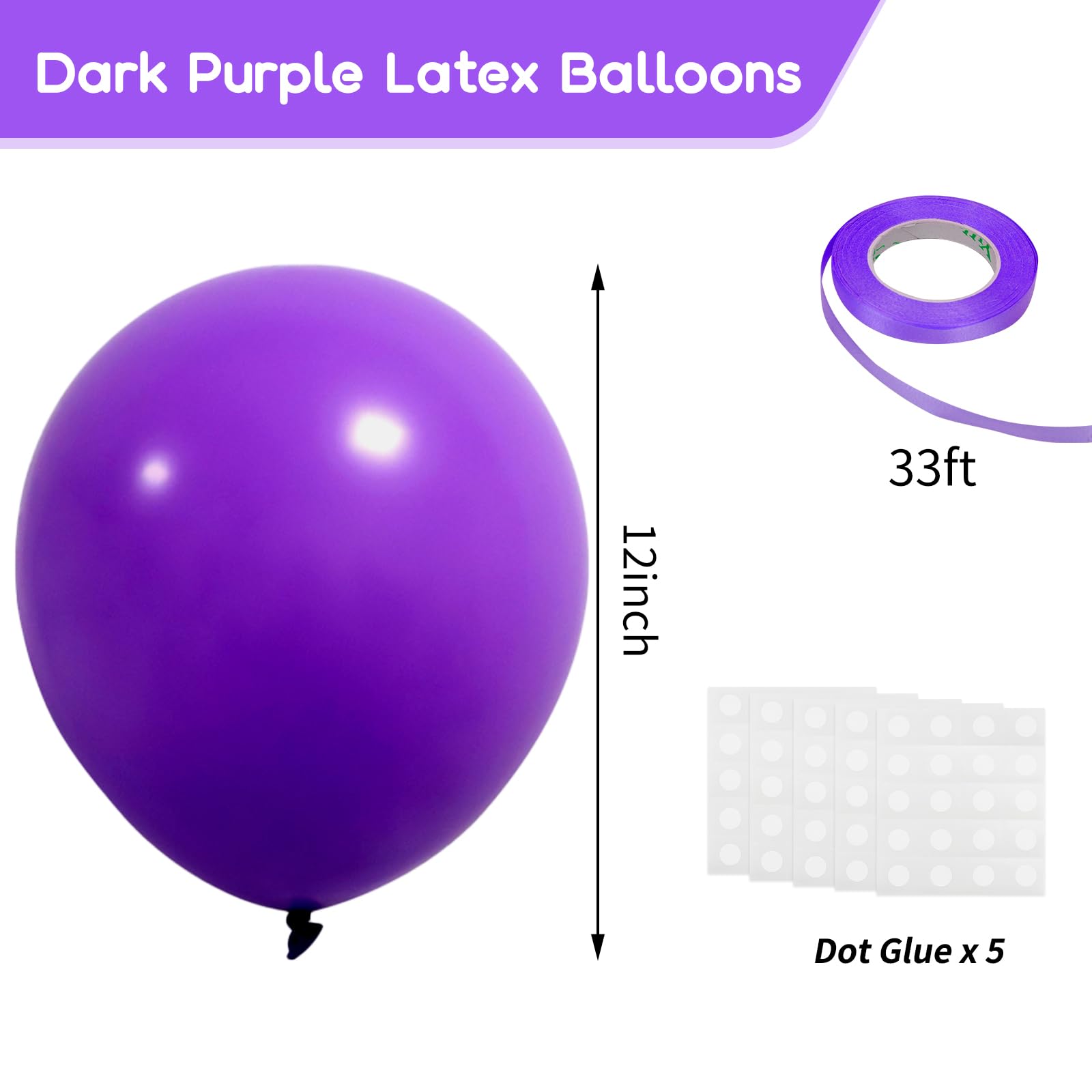 RUBFAC 120pcs Dark Purple Balloons 12 Inches Latex Balloons, Matte Dark Purple Balloons for Birthday Baby Shower Graduation Anniversary Wedding Party Supplies Arch Garland Decoration