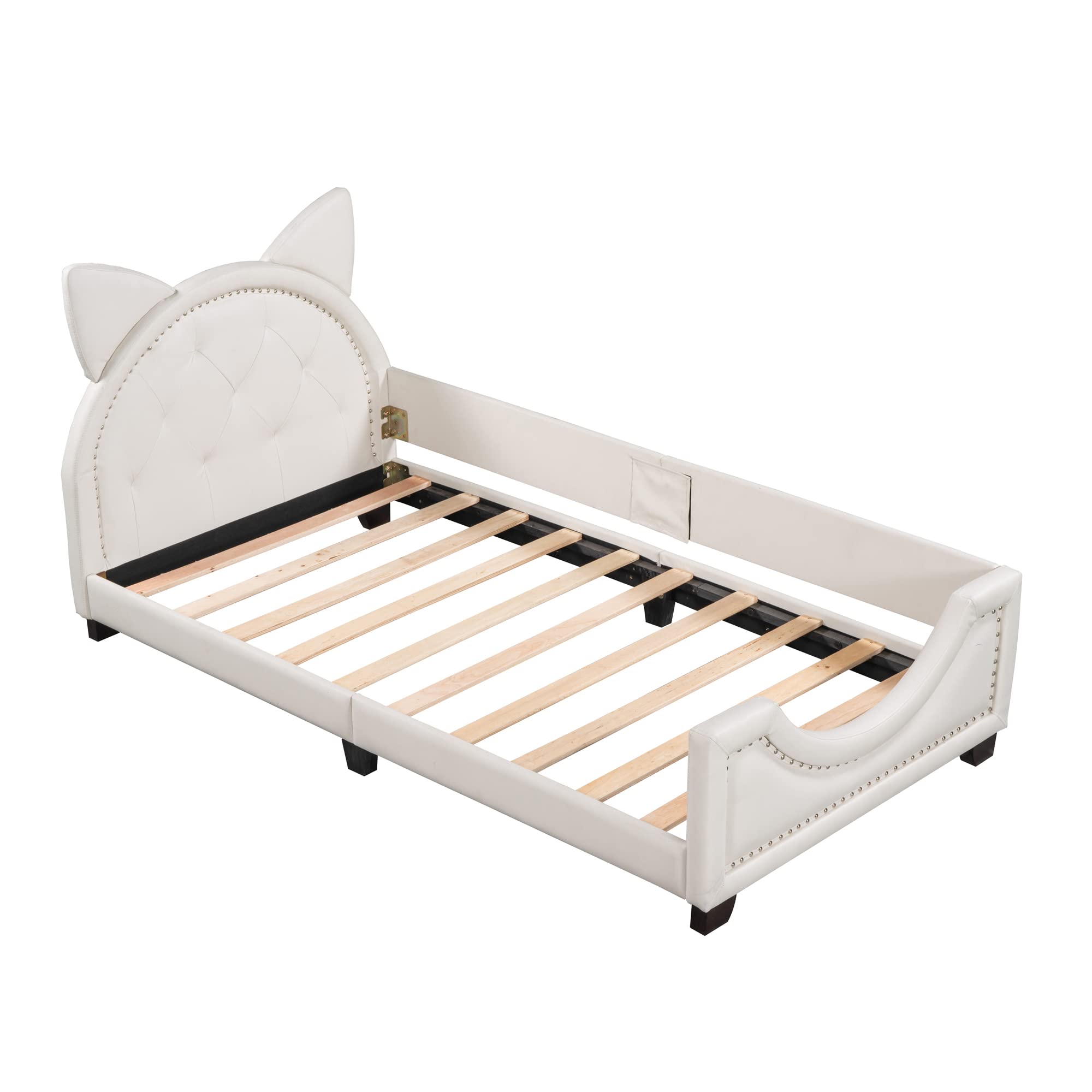 White Upholstered Twin Bed with Ears Shaped Bottom Tufted Headboard, Low Platform Bed Frame with Rails for Kids Girls Boys Teens, PU Leather