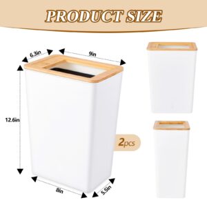 Suclain 2 Pcs Slim Trash Can 2.3 Gal, Small Wastebasket with Semi Open Bamboo Lid Plastic Waste Basket Rectangular Garbage Container Bin Trashcan for Bathroom Bedroom Kitchen Office Living Room Home