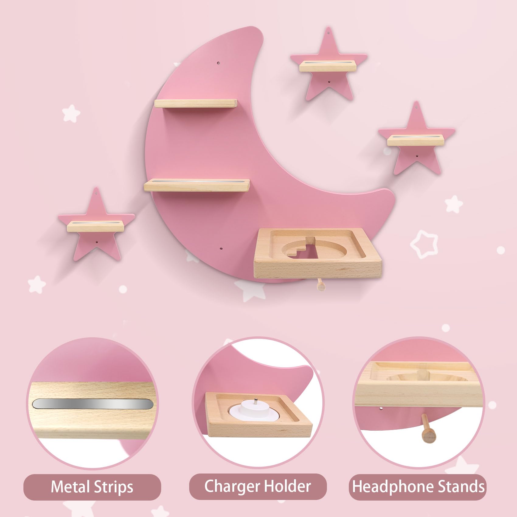 for Toniebox Starter Tonie Shelf Wall Mounted Set of 4 (Moon and 3 Stars),Tonies Figures Tonies Storage,Magnetic Wooden Floating Shelves Compatible with Tonie box Player Character for Children Room