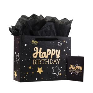 powbrace black birthday gift bag with tissue paper and greeting card, 13'x10.2'x4.9', medium (1-piece set, black starry sky, unisex, includes card, ribbon, crinkle paper)