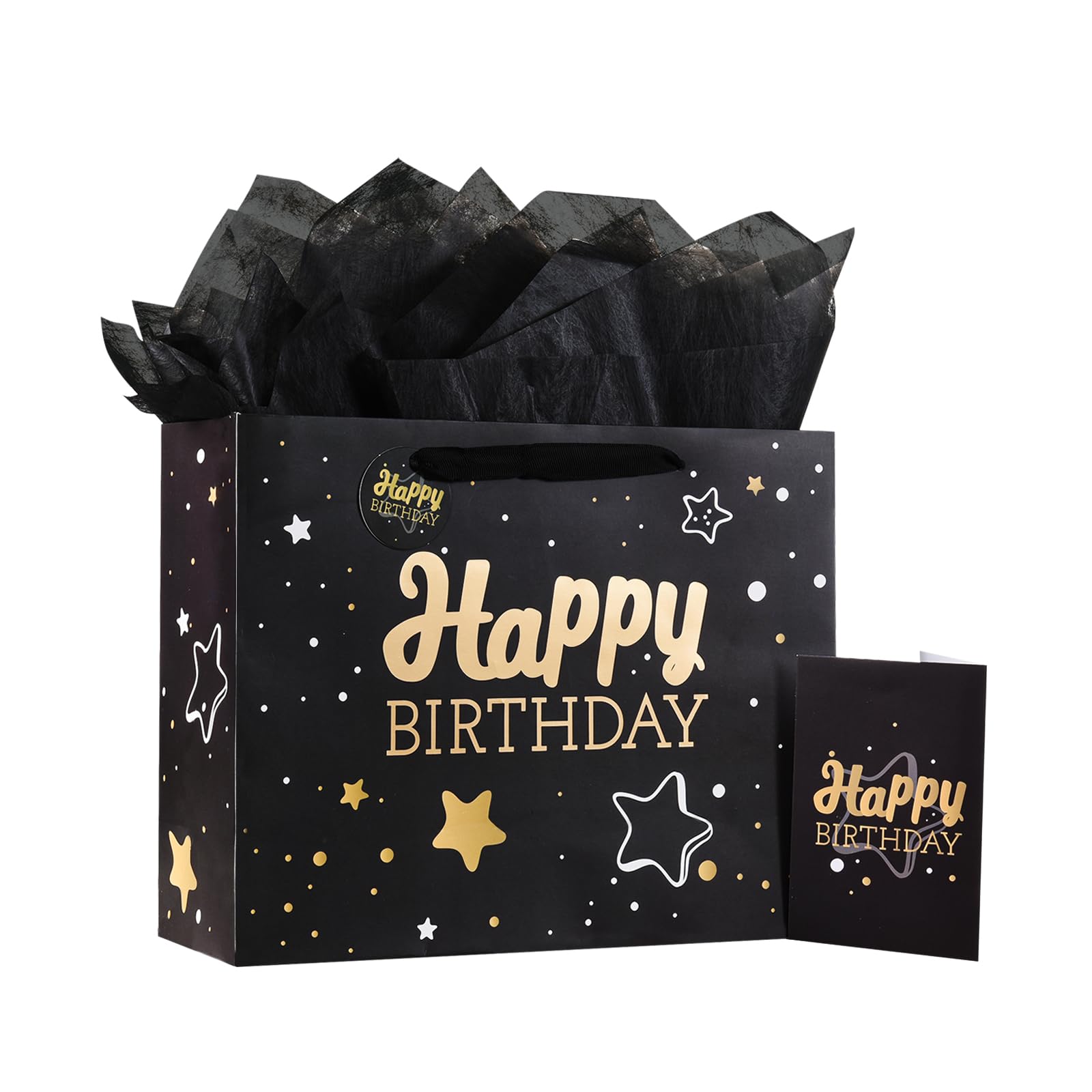 Powbrace Black Birthday Gift Bag with Tissue Paper and Greeting Card, 13'x10.2'x4.9', Medium (1-Piece Set, Black Starry Sky, Unisex, Includes Card, Ribbon, Crinkle Paper)