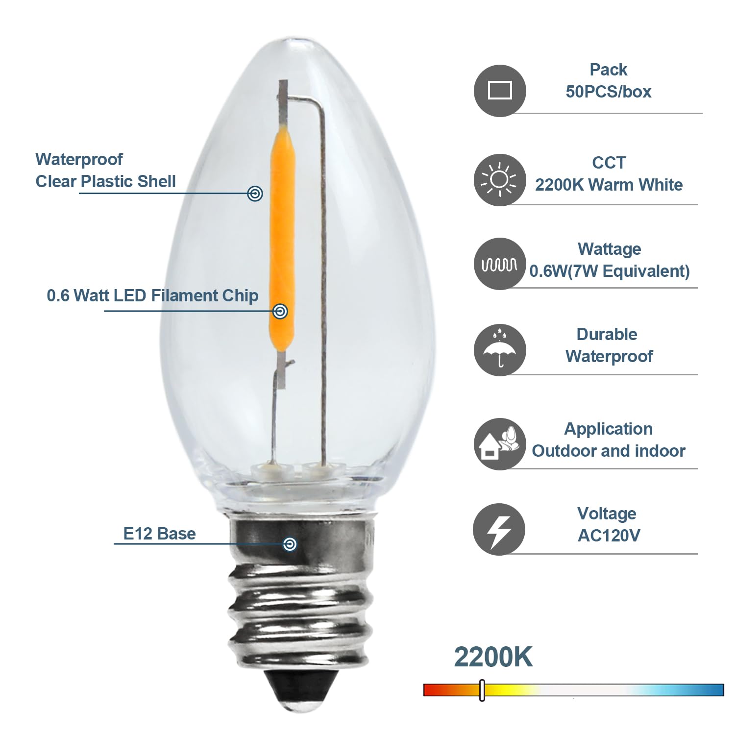 50 Pack C7 LED Night Light Bulbs, C7 LED Replacement Light Bulb for Christmas String Light, 0.6 Watt Equivalent to 7 Watt, Warm White 2200K, E12 Candelabra Base Clear Plastic LED Bulbs