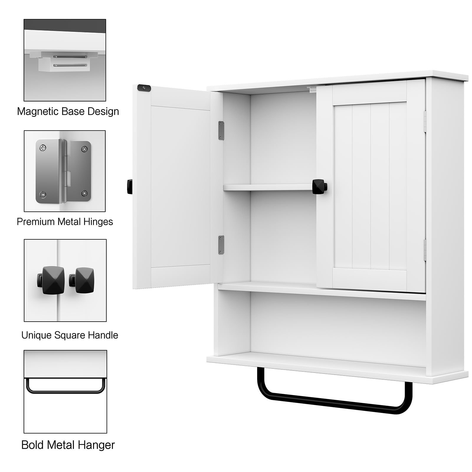 RRX Bathroom Cabinet Wall Mounted Medicine Cabinets with Towels Bar, Over The Toilet Storage Cabinet with 2 Doors and Adjustable Shelf, White Wall Cabinet for Bathroom Laundry Kitchen