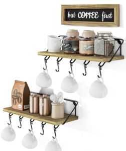 alsonerbay coffee bar shelf wall mount, rustic floating shelves for wall with wooden bar sign, 16 inch wall shelves with 10 mug hooks for coffee station, dining room, living room and kitchen