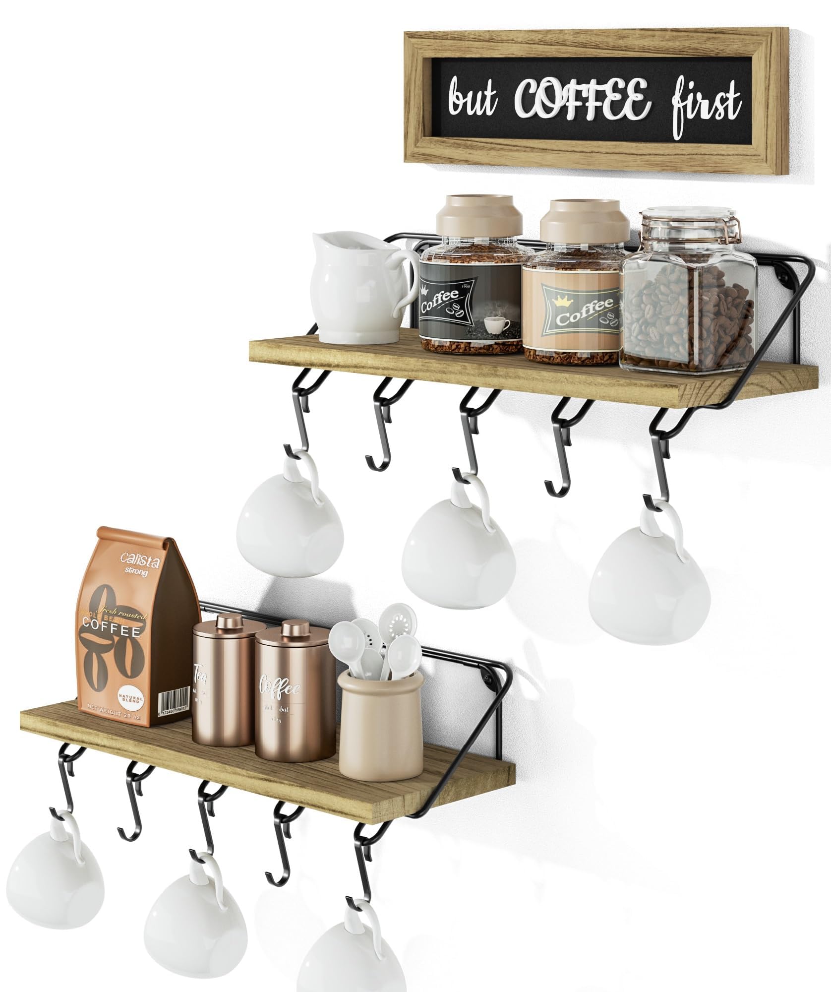 Alsonerbay Coffee Bar Shelf Wall Mount, Rustic Floating Shelves for Wall with Wooden Bar Sign, 16 Inch Wall Shelves with 10 Mug Hooks for Coffee Station, Dining Room, Living Room and Kitchen