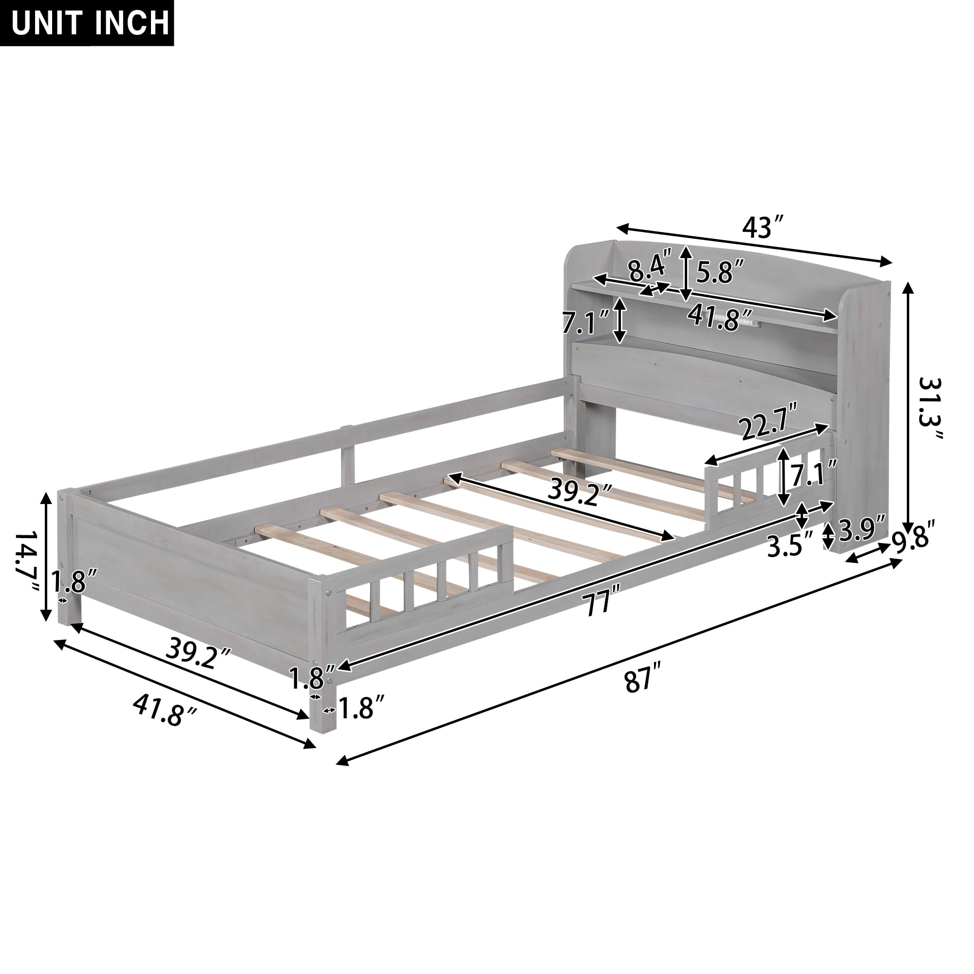 NCKMYB Low Twin Bed Frame for Kids, Wood Platform Bed with 2 Tier Headboard, Build-in LED Light, Suitable for Boy Girl, Antique Grey