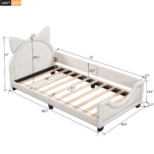 White Upholstered Twin Bed with Ears Shaped Bottom Tufted Headboard, Low Platform Bed Frame with Rails for Kids Girls Boys Teens, PU Leather