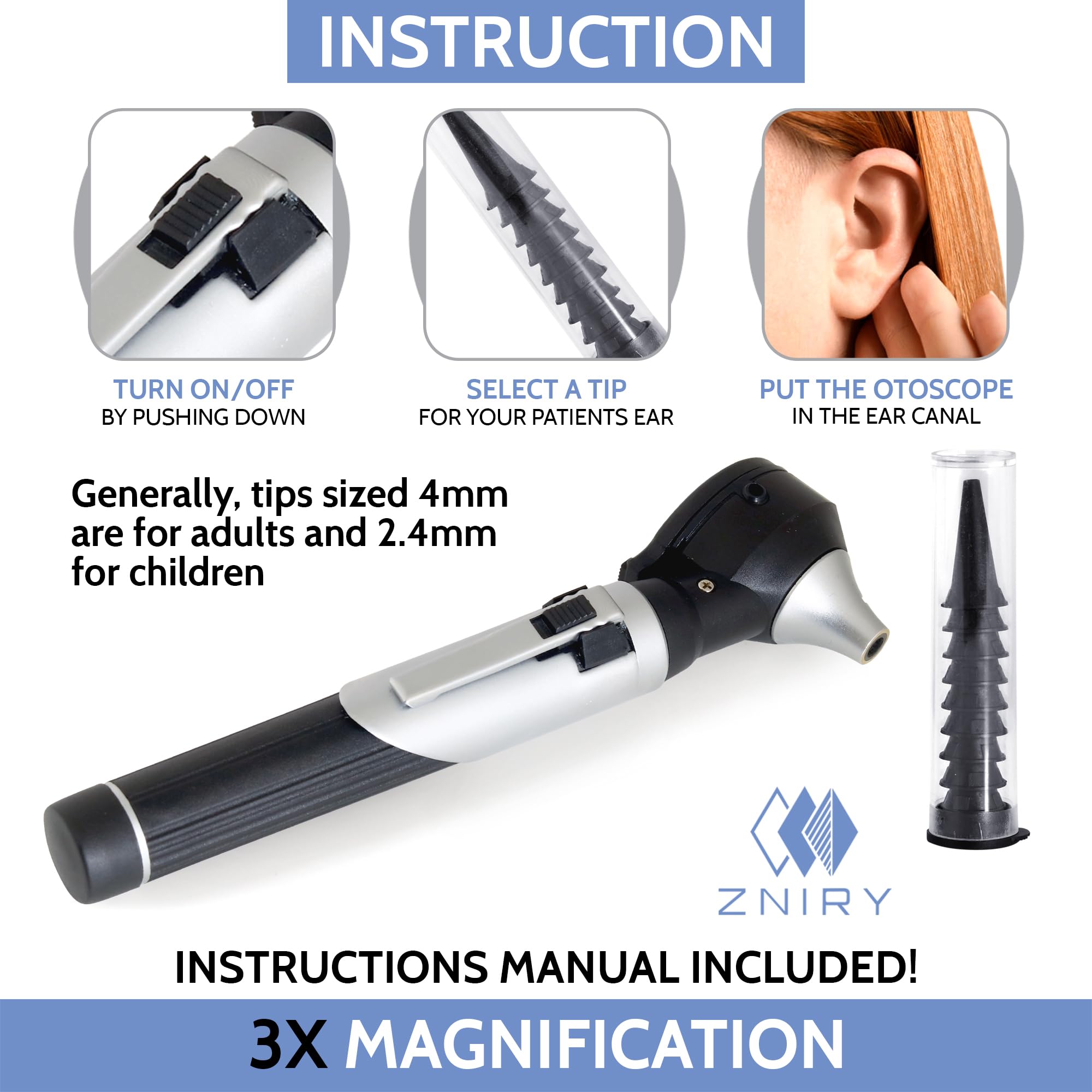 Zniry Fiber Optic Mini Otoscope - Ear Scope with Light, Ear Infection Detector (Black Color) Reguler