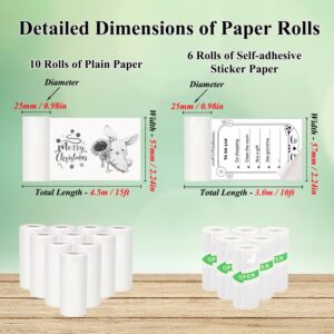 Vicbear 16 Rolls Mini Thermal Printer Paper, Including 6 Rolls Thermal Sticker Paper & 10 Rolls Thermal Plain Paper for Mini Portable Printers, 57X25 mm, Suitable for Various Inkless Sticker Printers