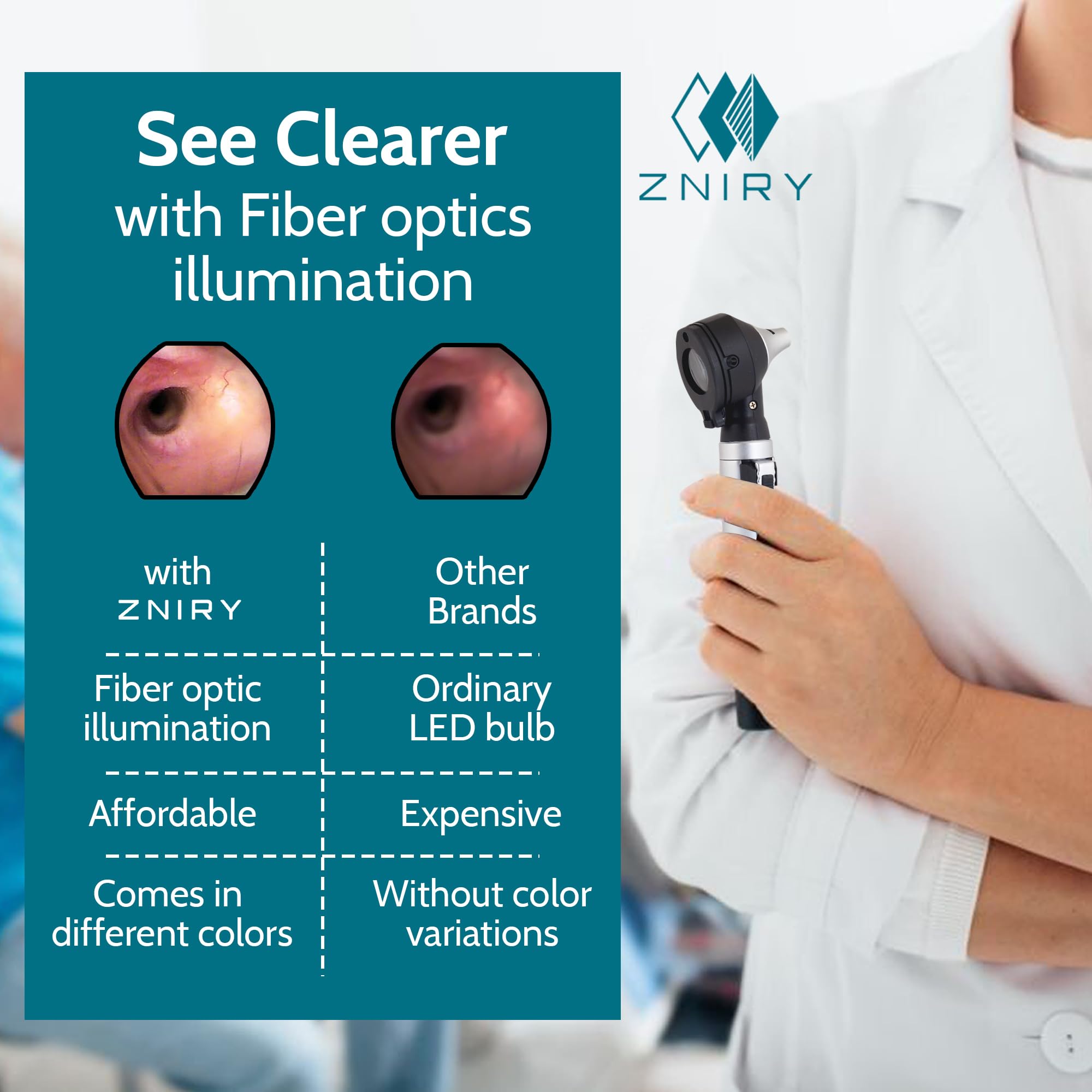 Zniry Fiber Optic Mini Otoscope - Ear Scope with Light, Ear Infection Detector (Black Color) Reguler