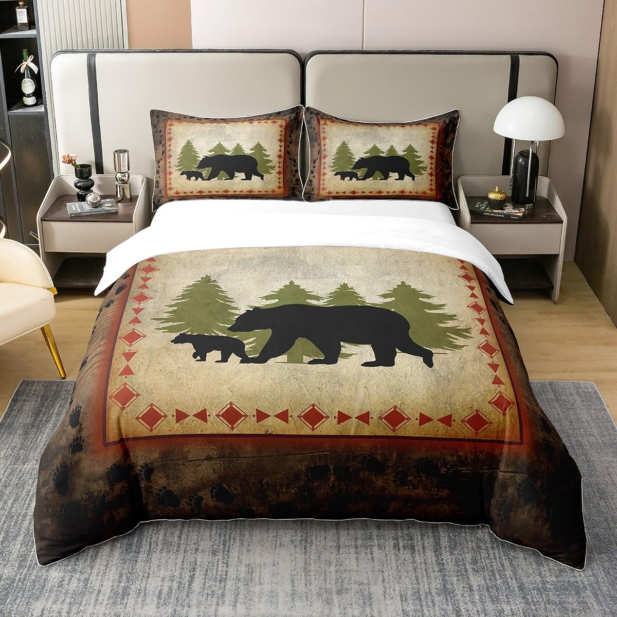 Bear 100% Cotton Duvet Cover King Rustic Farmhouse Bear Wildlife Comforter Cover Wild Bear Bedding Set Country Cabin Lodge Decor Quilt Cover Nature Woodland Bear Paw Print Bed Cover Brown Green 3Pcs