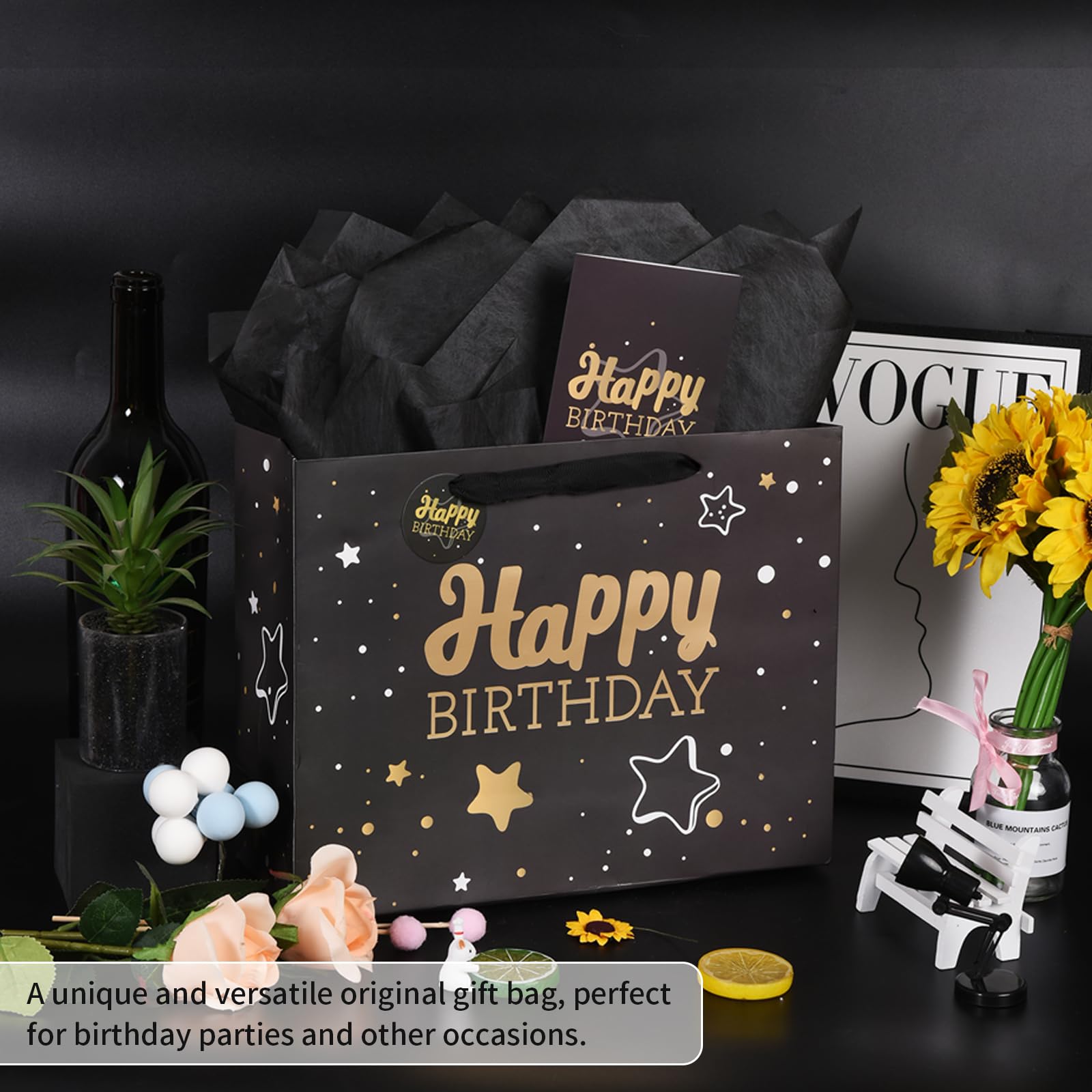 Powbrace Black Birthday Gift Bag with Tissue Paper and Greeting Card, 13'x10.2'x4.9', Medium (1-Piece Set, Black Starry Sky, Unisex, Includes Card, Ribbon, Crinkle Paper)