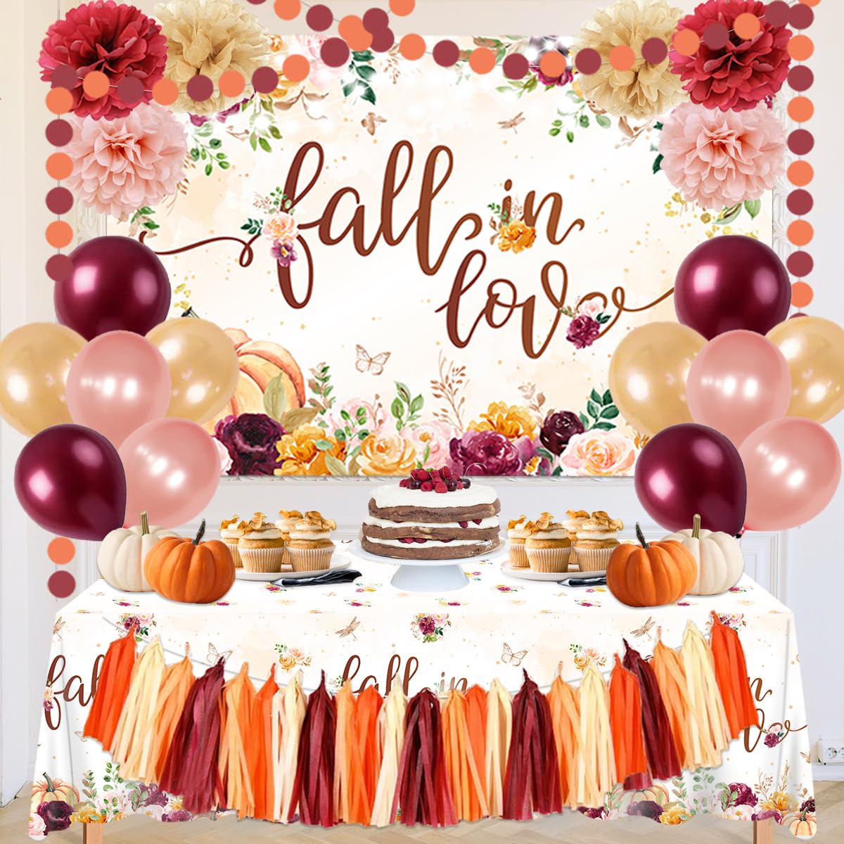 Fall Bridal Shower Decorations - Fall In Love Banner Balloons Set Fall Pumpkin Floral Theme Party Decorations for Fall Bachelorette Party Decorations,Wedding Anniversary Party Supplies