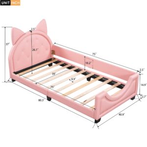 Pink Upholstered Twin Bed with Ears Shaped Bottom Tufted Headboard, Low Platform Bed Frame with Rails for Kids Girls Boys Teens, PU Leather