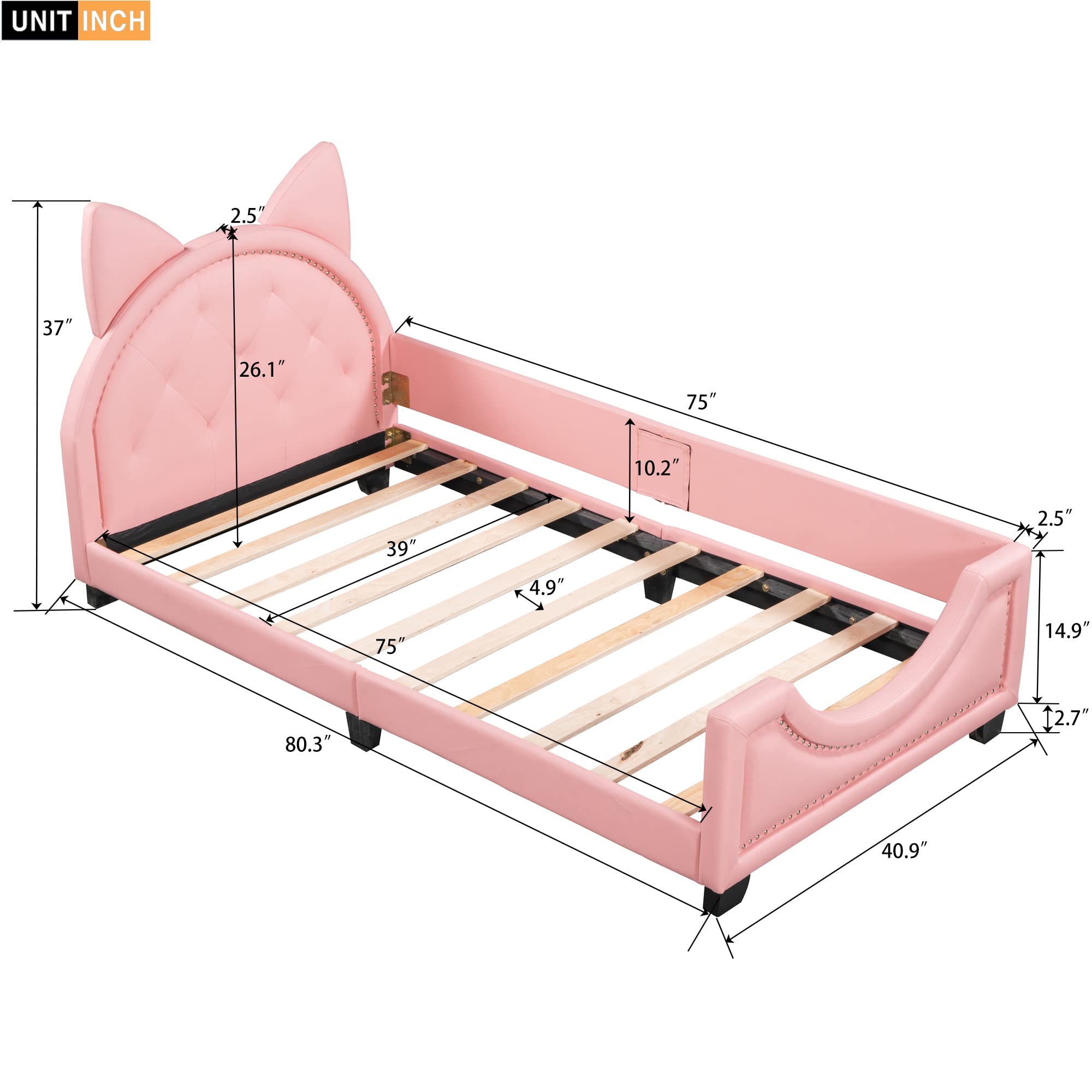 Pink Upholstered Twin Bed with Ears Shaped Bottom Tufted Headboard, Low Platform Bed Frame with Rails for Kids Girls Boys Teens, PU Leather