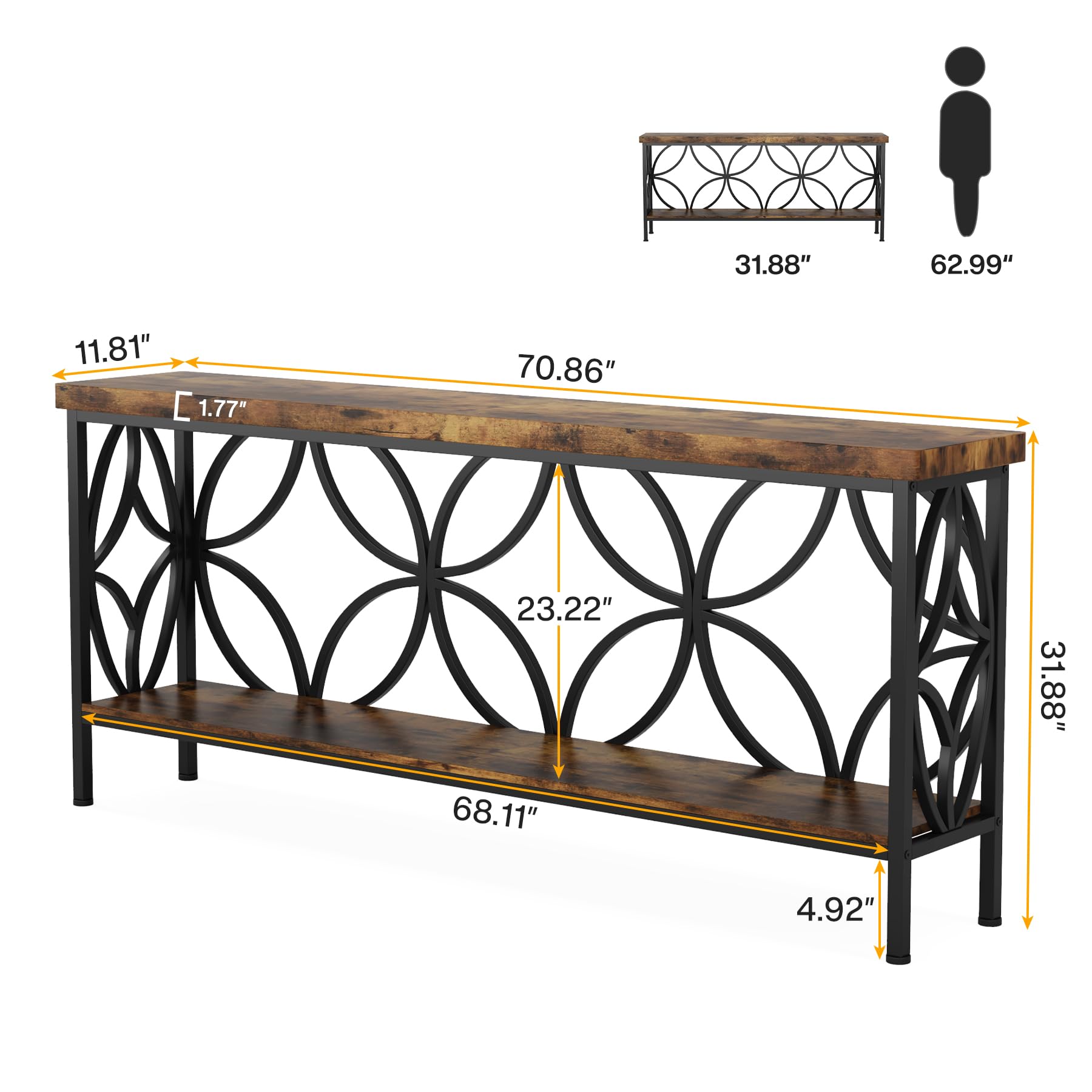 Tribesigns 70.9-Inch Narrow Sofa Table, Industrial Long Sofa Table Behind Couch, Entry Console Table with Storage for Entryway, Living Room, Foyer, Unique Design, Rustic Brown