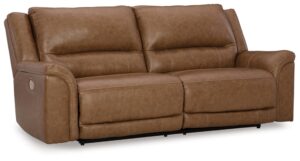 signature design by ashley trasimeno contemporary leather match 2 seat power reclining sofa with adjustable headrest and usb ports, dark brown