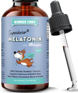 wonder paws melatonin for dogs – pet melatonin with l-theanine (suntheanine®) –occasional anxiety relief for dogs, stress, calming, relaxation & sleep support – liquid dog melatonin 2oz (60ml)