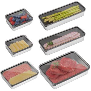 hushee 6 pack bacon cheese container for refrigerator, stainless steel airtight deli meat container, dishwasher safe fridge storage containers fruit lunch storage with lids for fridge, 4 sizes