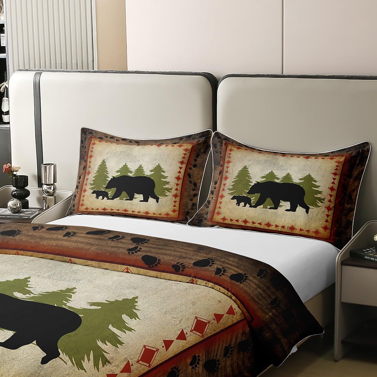 Bear 100% Cotton Duvet Cover King Rustic Farmhouse Bear Wildlife Comforter Cover Wild Bear Bedding Set Country Cabin Lodge Decor Quilt Cover Nature Woodland Bear Paw Print Bed Cover Brown Green 3Pcs