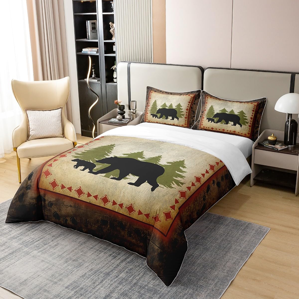 Bear 100% Cotton Duvet Cover King Rustic Farmhouse Bear Wildlife Comforter Cover Wild Bear Bedding Set Country Cabin Lodge Decor Quilt Cover Nature Woodland Bear Paw Print Bed Cover Brown Green 3Pcs