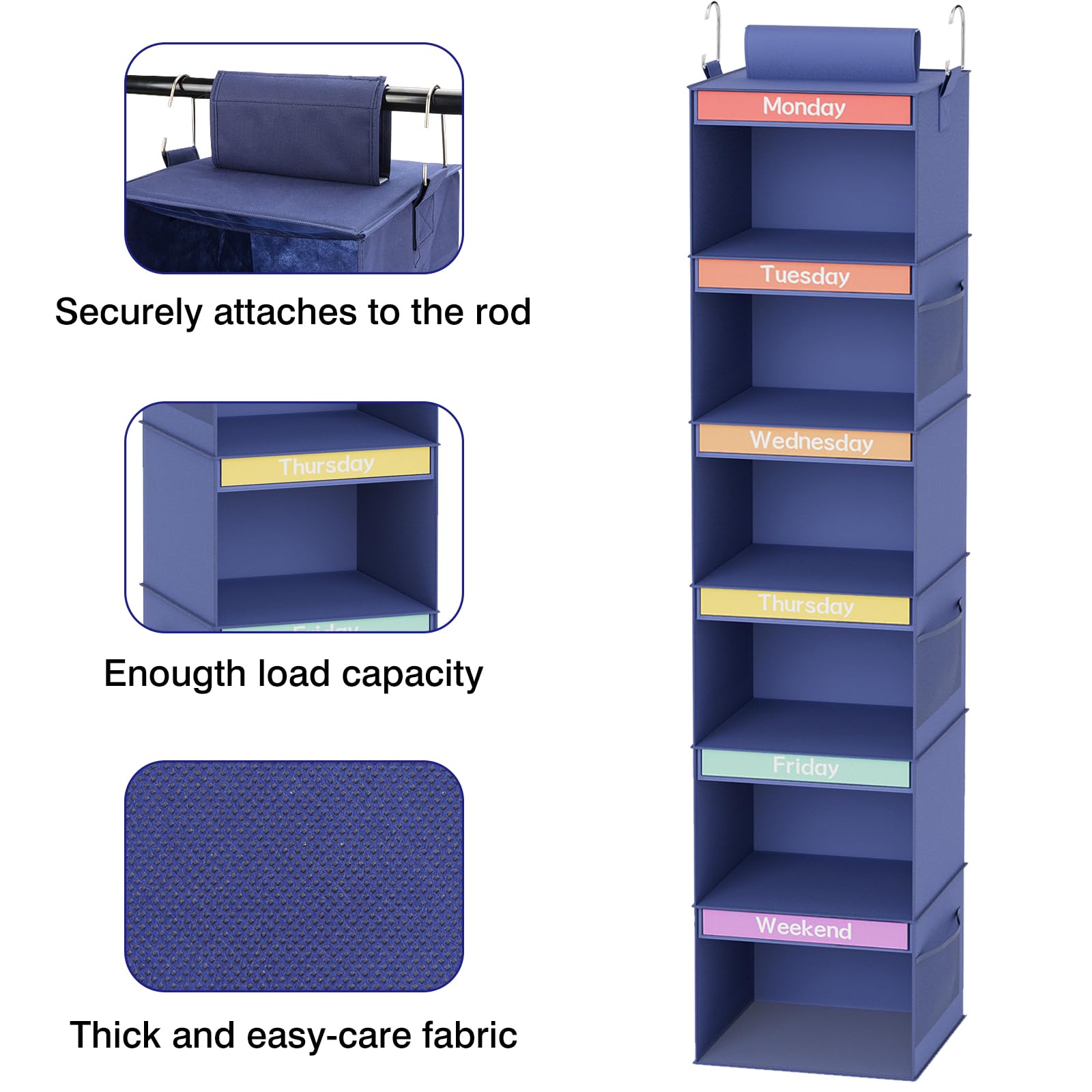 Fixwal 6-Shelf Weekly Hanging Closet Organizer for Kids with 6 Side Pockets, Weekday Kids Clothes Organizers Monday Through Friday Clothes Foldable Hanging Storage Shelves (Blue)