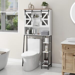 over the toilet storage cabinet, farmhouse storage cabinet over toilet with sliding barn door，home space-saving toilet rack, for bathroom, restroom, laundry