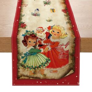 vintage christmas table runner christmas decorations - red vintage style santa claus girls merry christmas winter xmas home kitchen dining table decor, christmas party decorations 13 x 72 inch