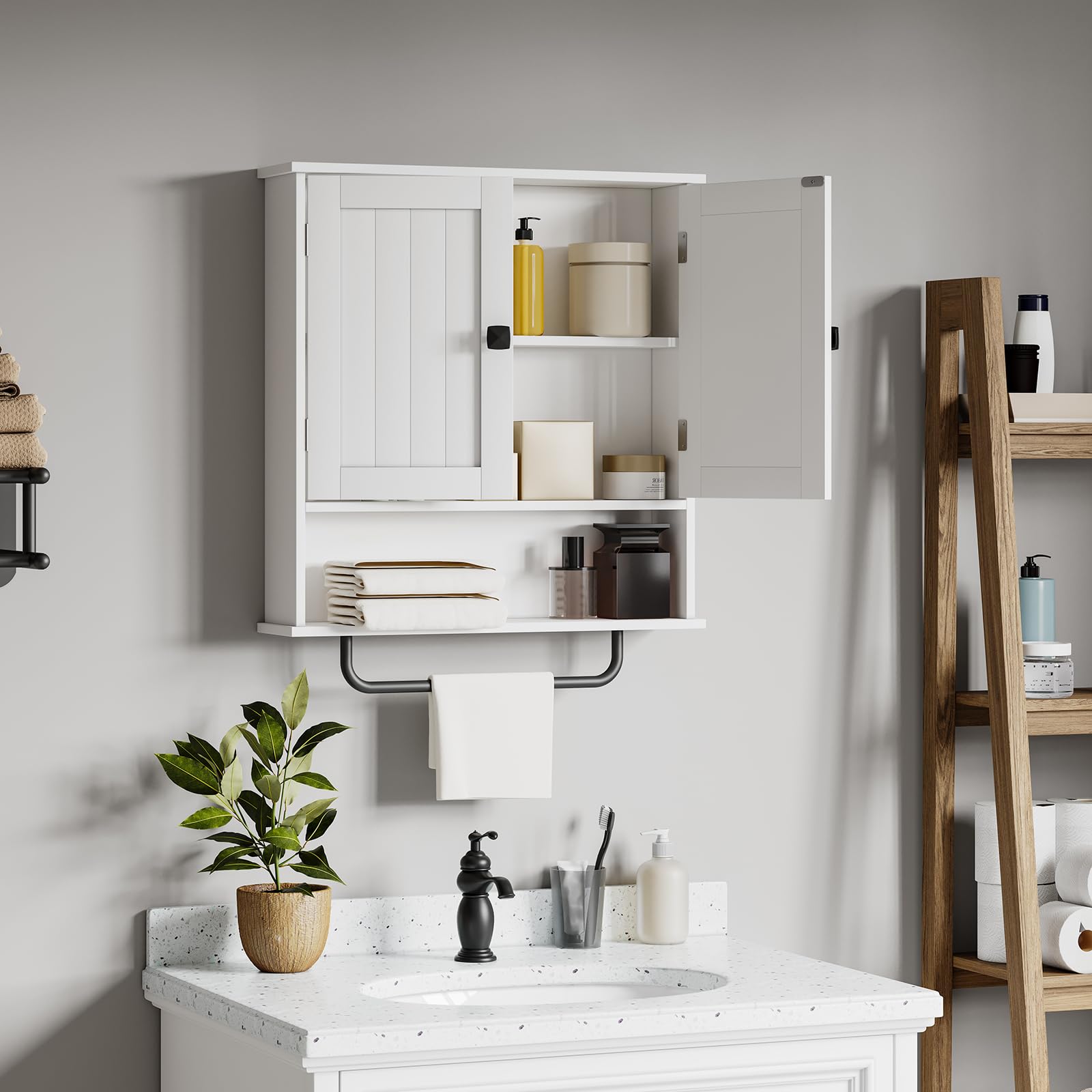 RRX Bathroom Cabinet Wall Mounted Medicine Cabinets with Towels Bar, Over The Toilet Storage Cabinet with 2 Doors and Adjustable Shelf, White Wall Cabinet for Bathroom Laundry Kitchen