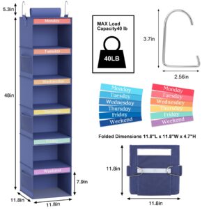 Fixwal 6-Shelf Weekly Hanging Closet Organizer for Kids with 6 Side Pockets, Weekday Kids Clothes Organizers Monday Through Friday Clothes Foldable Hanging Storage Shelves (Blue)