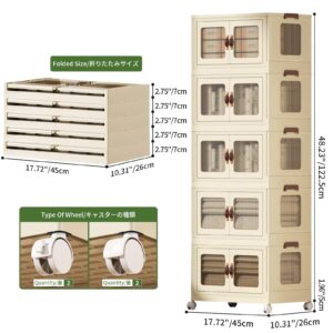 villertech Stackable Storage Bins 30 Qt, Folding Storage Bins with Lids and Doors, Open Front Folding Storage Box with Wheels Plastic Storage Containers Closet Organizers (5 Tier)