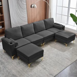 ijuicy U-Shaped Convertible Sectional Sofa Couch,115" Linen Fabric Modular Sofa Set/6 Seater Sofa with Movable Storage Ottomans,Storage Armrest,Pillows and Cup Holders for Living Room(Dark Grey)