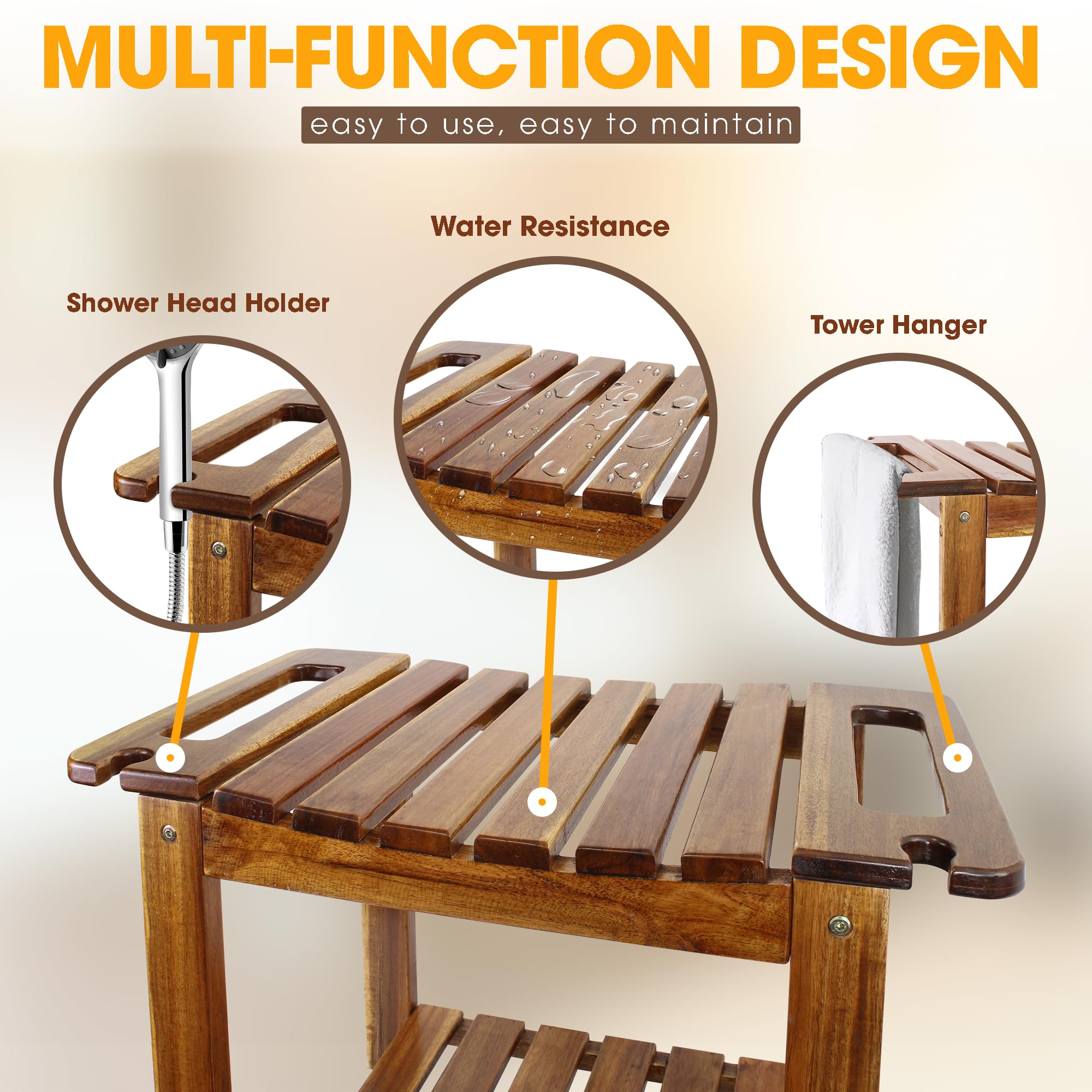 Shower Stool Bench 24 Inches Waterproof with Storage Shelf for Shaving Legs, Spa, Bath Seat in Bathroom, Inside Shower for Adults Seniors Elderly