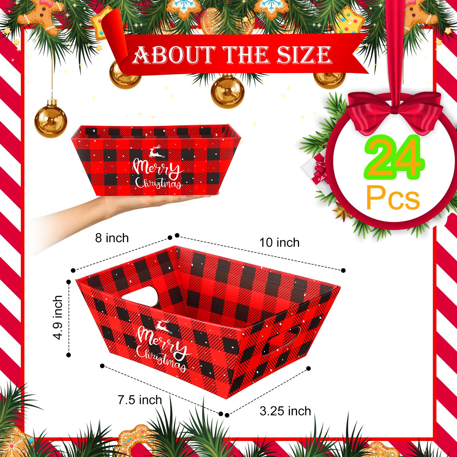 Tenceur 24 Pcs Christmas Baskets for Gifts 10 x 8 Inch Empty Basket with Handle Christmas Baskets for Gifts Wine Gift Basket Empty Red Sturdy DIY Bulk Gift Basket Kraft Market Tray Basket with Handles