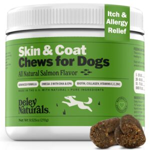 deley naturals dog allergy chews - omega 3 fish oil for dogs with dha & epa, biotin, collagen, vitamins c, e, & zinc, supports shiny coat - dog itching relief salmon flavor - dry skin relief for dogs