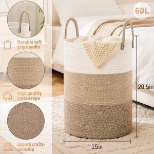 Artfeel Laundry Basket,Woven Cotton Rope Laundry Hamper,60L for Decorative Storage of Dirty Clothes,Toys and Blankets in Bathroom,Bedroom and Living Room