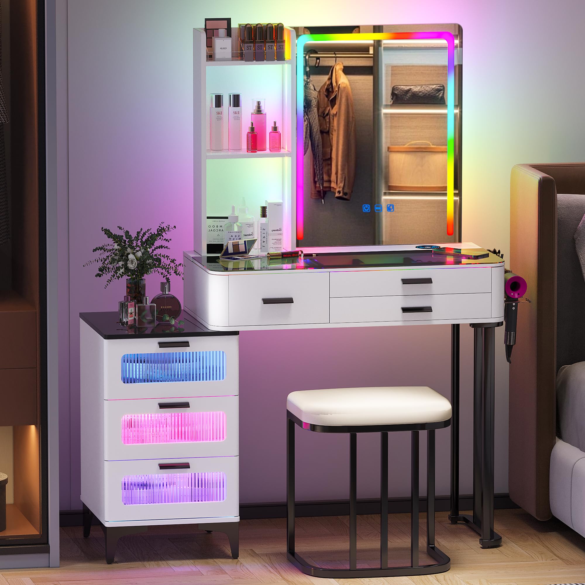 Gurexl RGB Makeup Vanity Desk with Wireless Charging Station,7 Dynamic and 7 Static Dimmable Vanity Table with Visible Glass Top, Dream Make up Vanity with Mirror and Lights, Stool, 6 Drawers