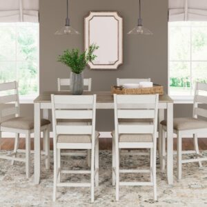 Signature Design by Ashley Skempton Modern Farmhouse Counter Height Dining Table and Upholstered Bar Stools, Set of 7, White & Light Brown