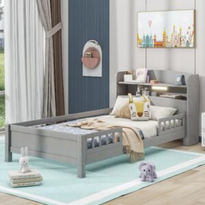 nckmyb low twin bed frame for kids, wood platform bed with 2 tier headboard, build-in led light, suitable for boy girl, antique grey